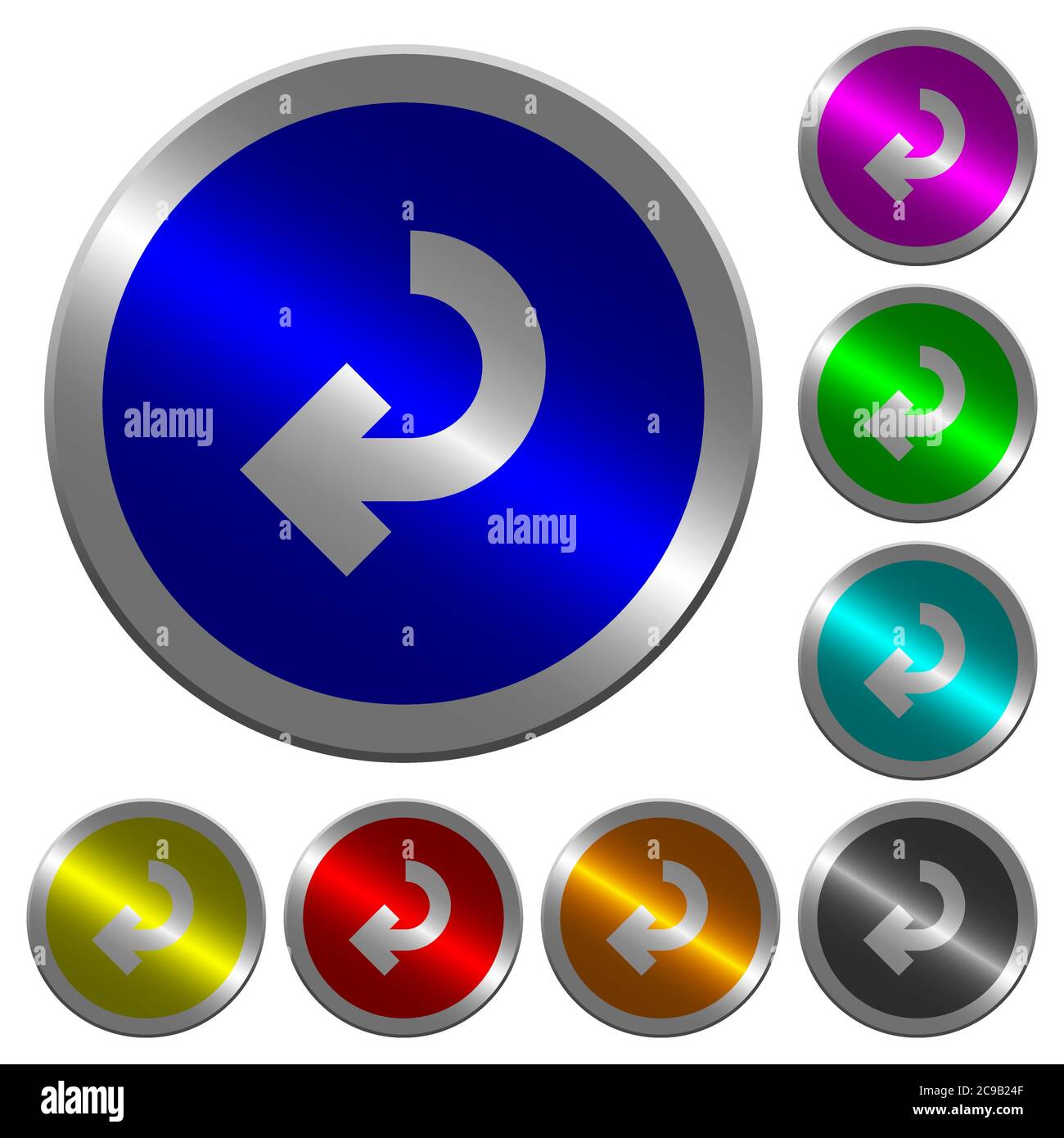 Return arrow icons on round luminous coin-like color steel buttons ...