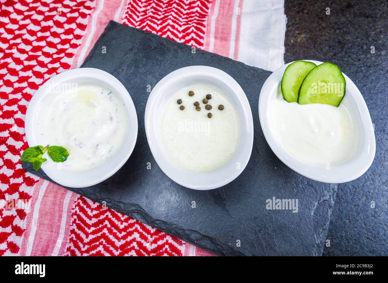 Delicious Lebanese (Arabic) food, thum, labneh and tzatziki sauces on ...