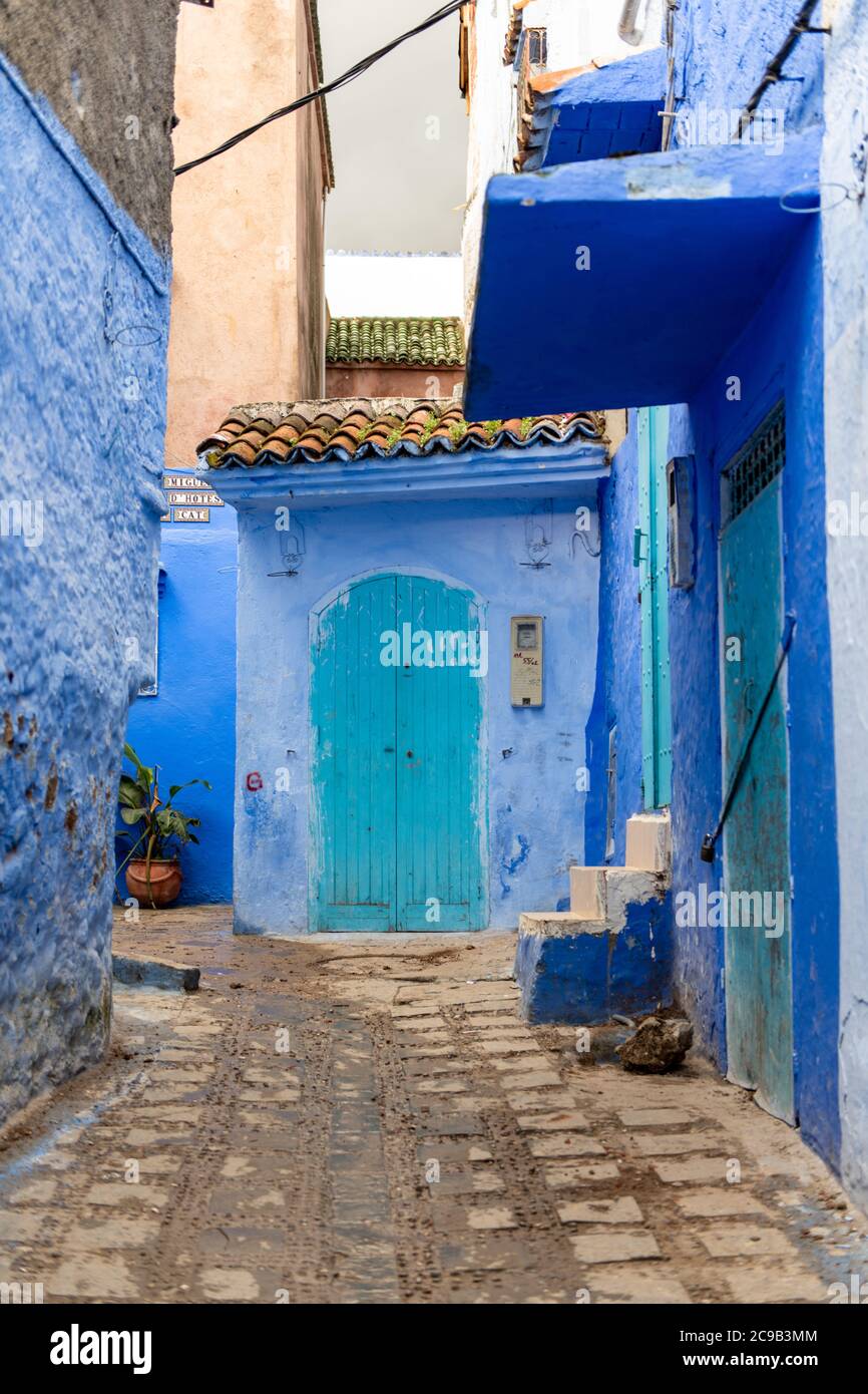Blue-tinted buildings predominate in the city of Chefchaouen, Morocco ...