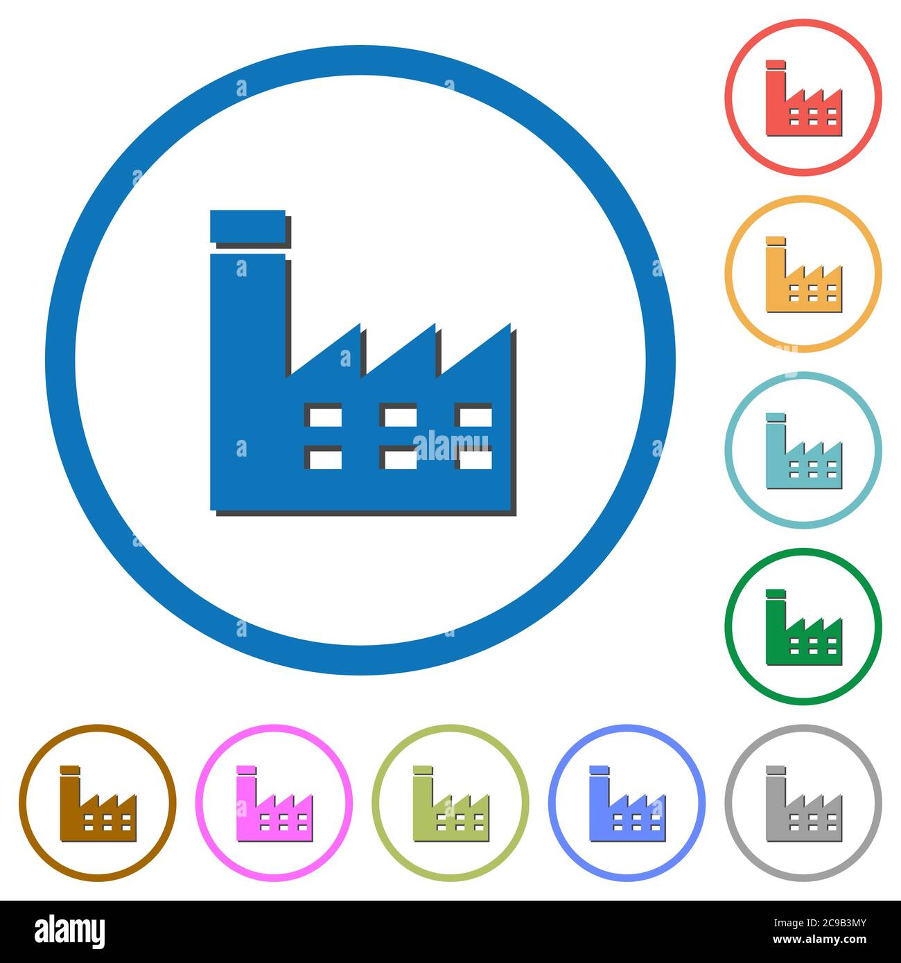 Factory building flat color vector icons with shadows in round outlines ...
