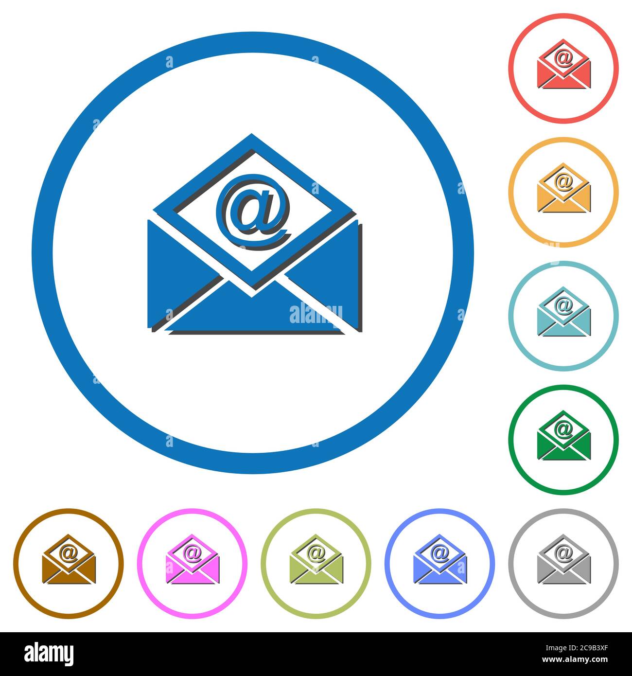 Open mail with email symbol flat color vector icons with shadows in ...