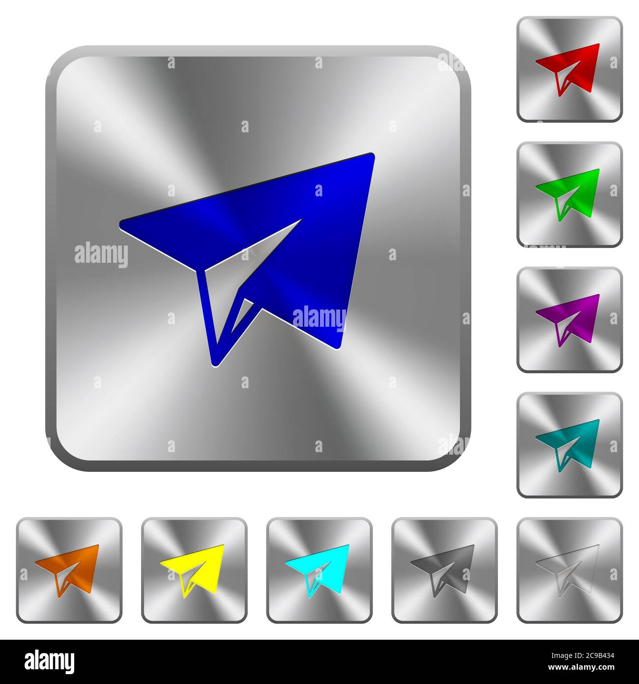 Paper plane engraved icons on rounded square glossy steel buttons Stock ...