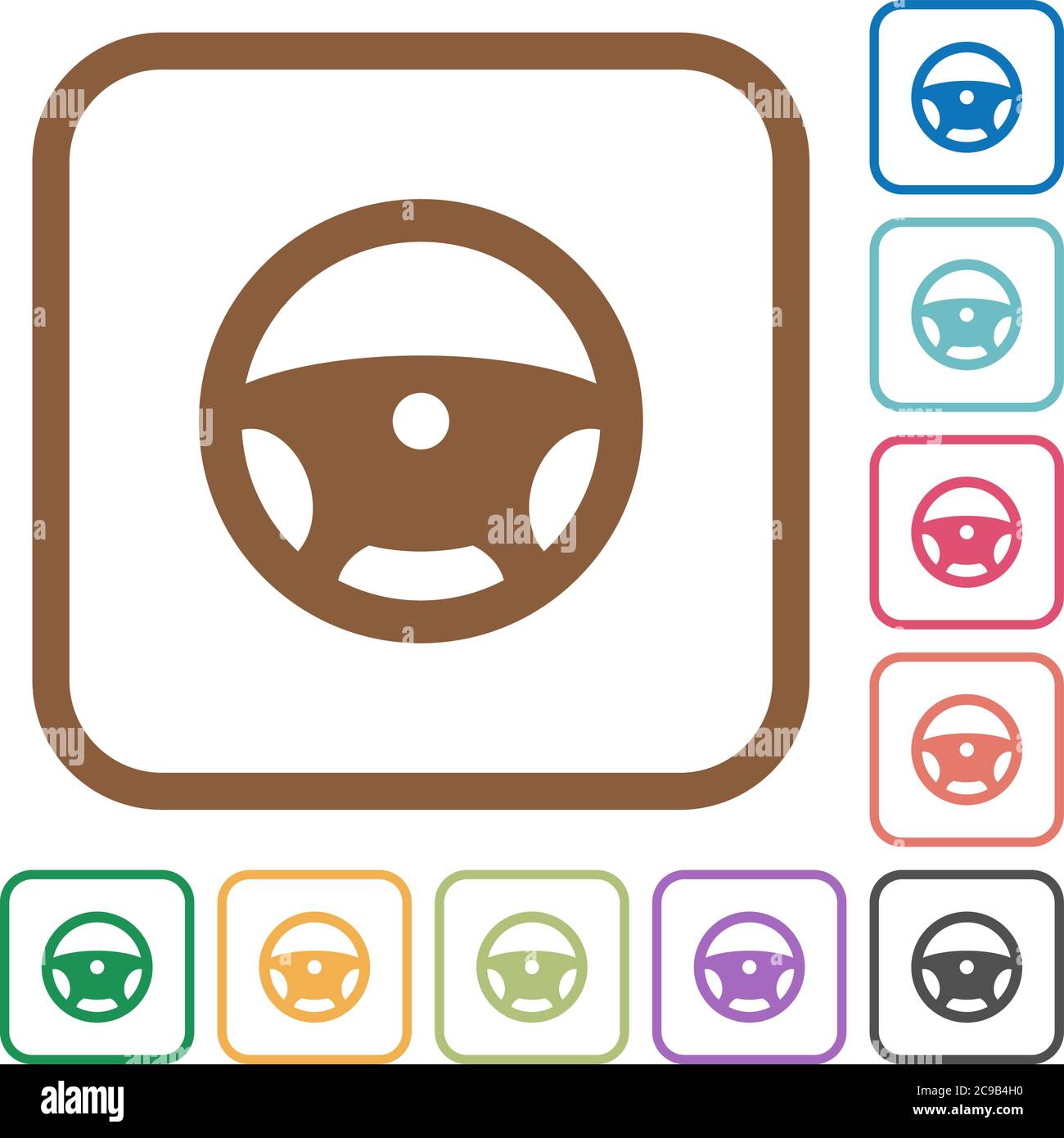 Steering wheel simple icons in color rounded square frames on white ...