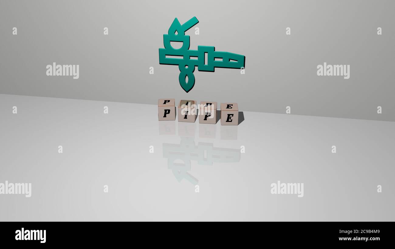 3D graphical image of pipe vertically along with text built by metallic ...