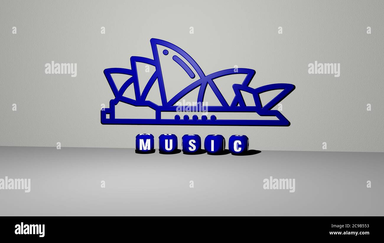 3D representation of MUSIC with icon on the wall and text arranged by ...