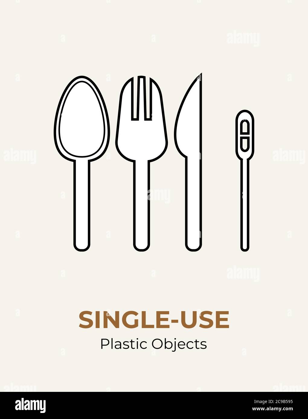 Spoon, fork, knife, stirrer, straws. Single-use plastic cutlery. Vector ...