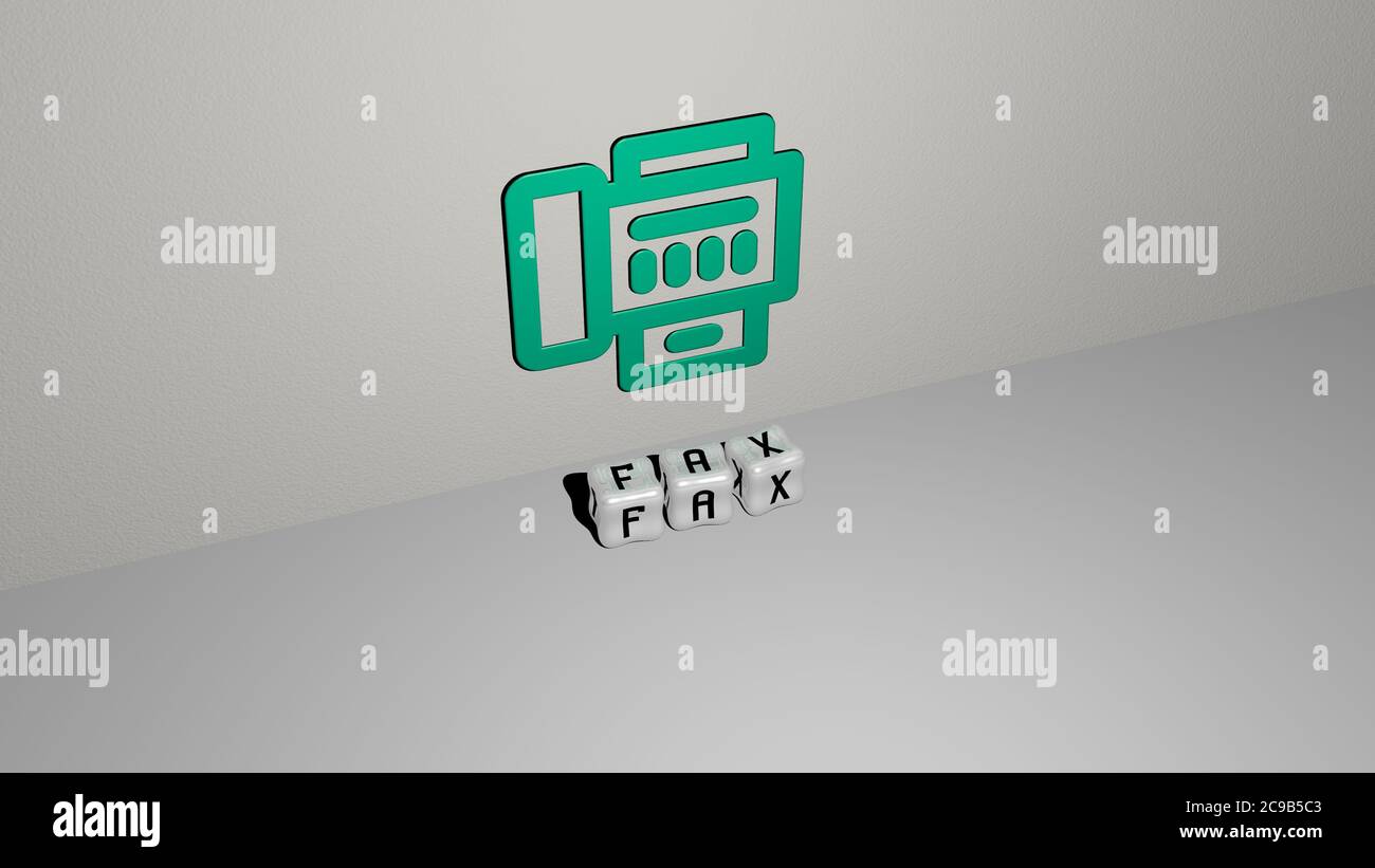 3D illustration of fax graphics and text made by metallic dice letters ...