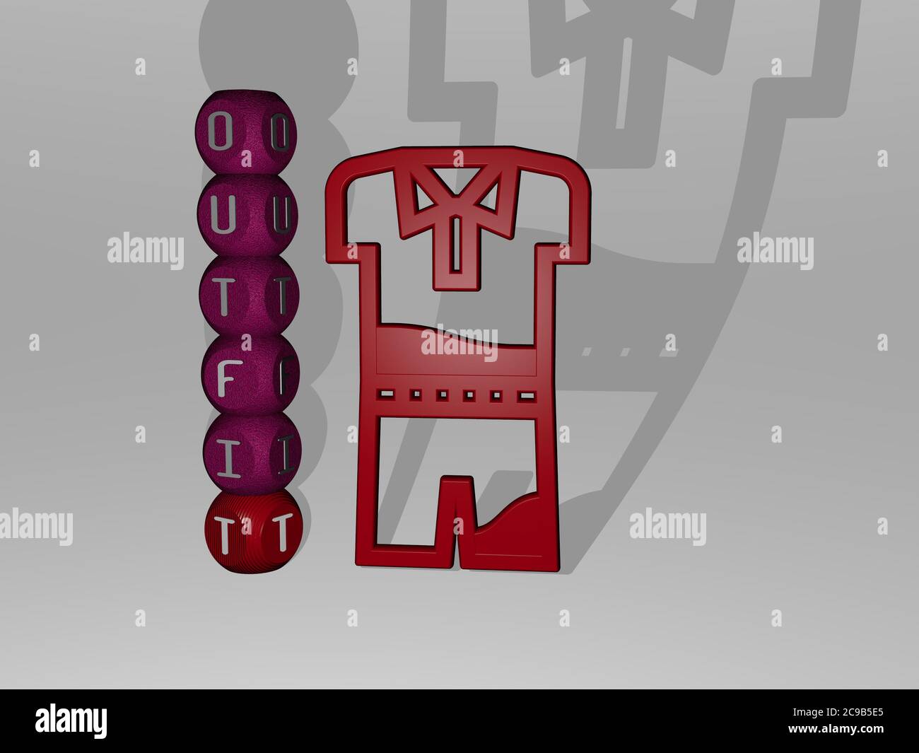 3D representation of outfit with icon on the wall and text arranged by ...