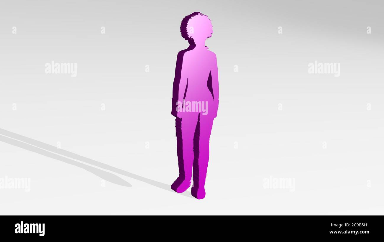 girl stand with shadow. 3D illustration of metallic sculpture over a ...