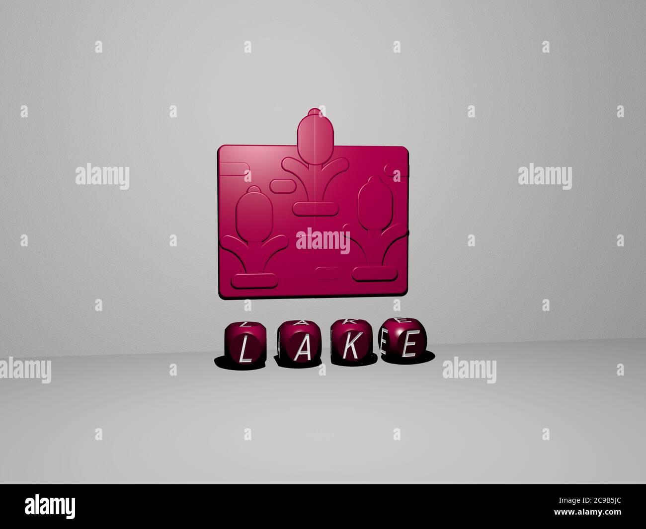 3D illustration of LAKE graphics and text made by metallic dice letters ...