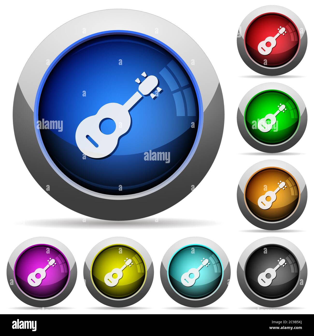 Acoustic guitar icons in round glossy buttons with steel frames Stock ...