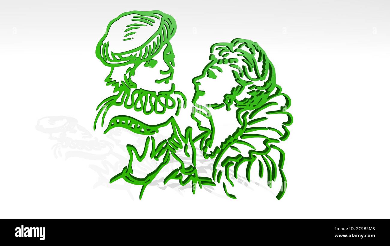 classic women stand with shadow. 3D illustration of metallic sculpture ...