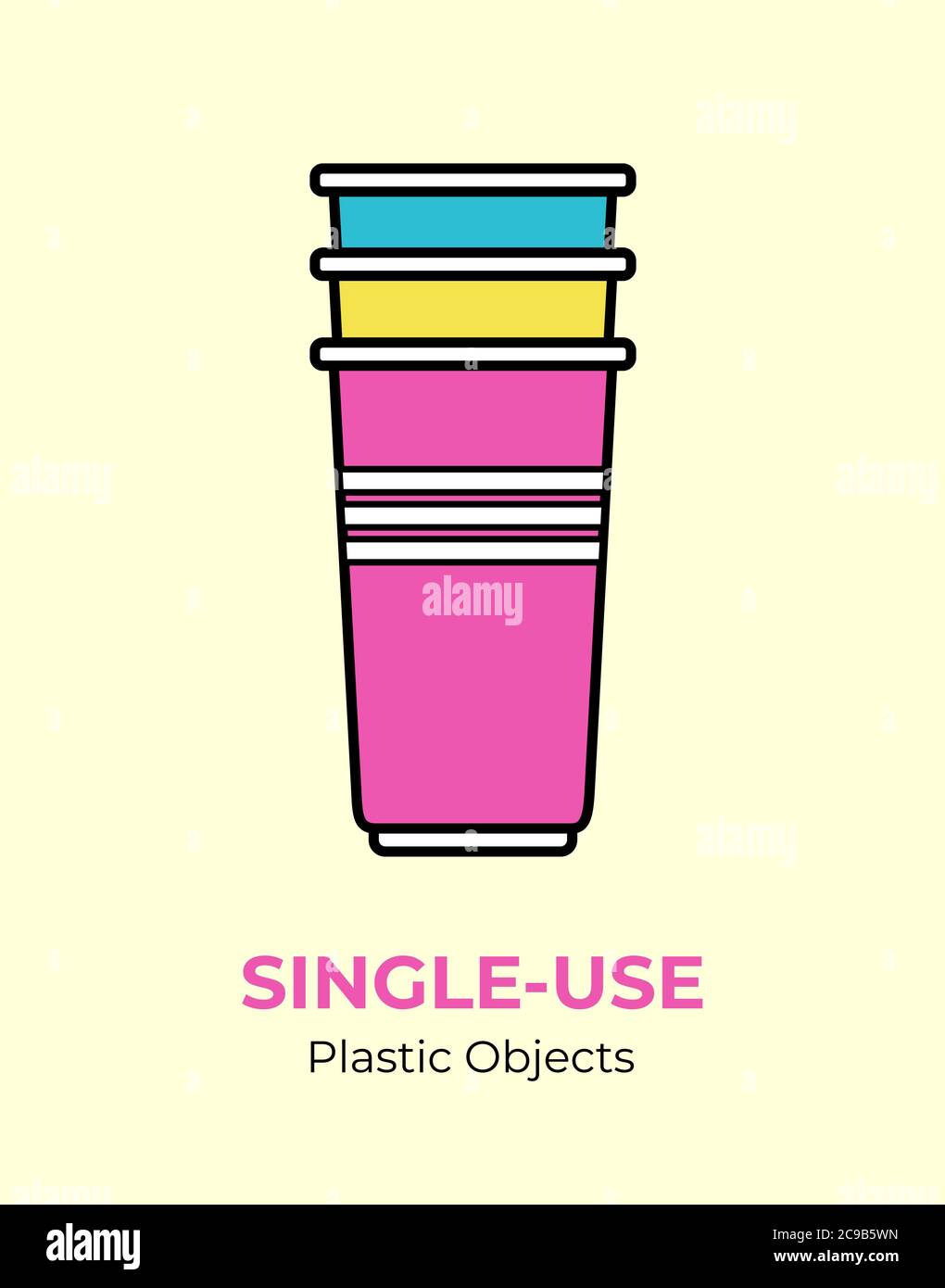 Single-use colored plastic cups. Vector illustration of recycling ...