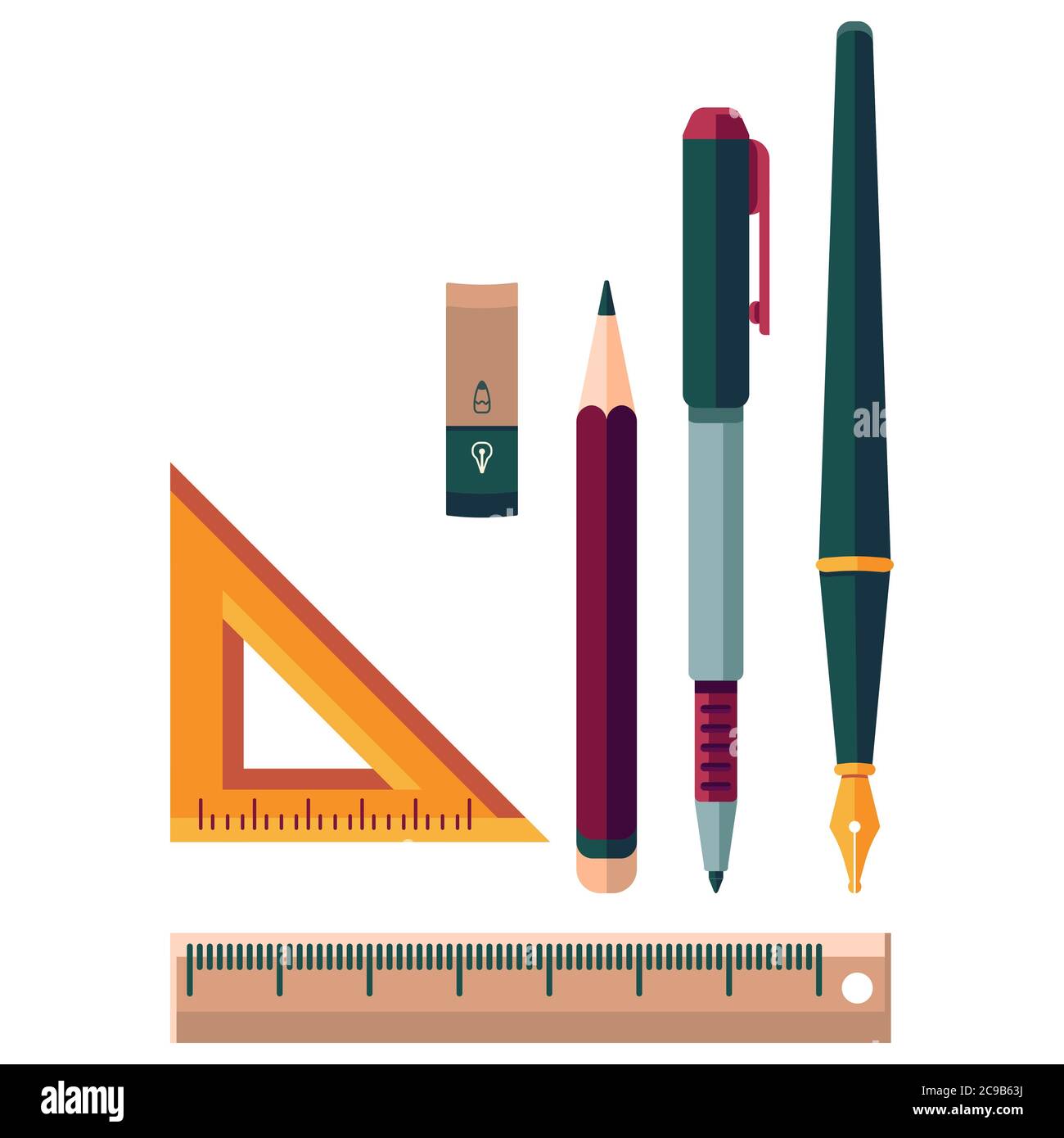 Pen and pencil sticker set on white isolated backdrop. Eraser with ...