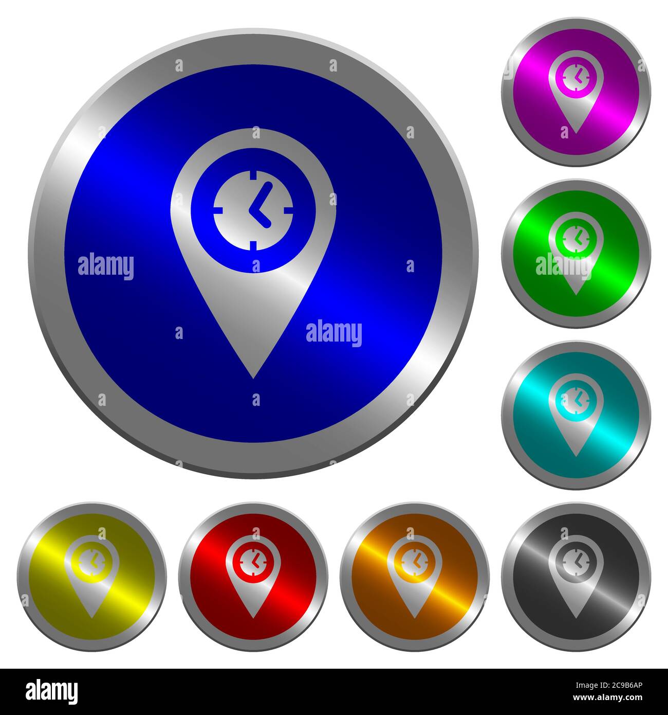 Arrival time GPS map location icons on round luminous coin-like color ...