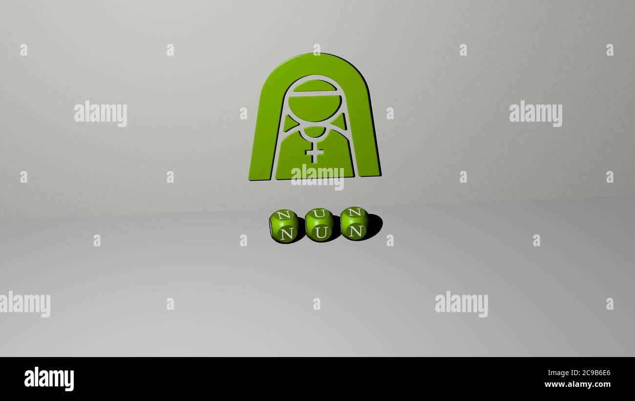 3D illustration of NUN graphics and text made by metallic dice letters ...