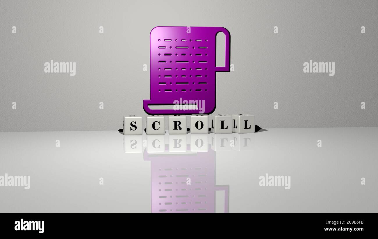 3D illustration of SCROLL graphics and text made by metallic dice ...