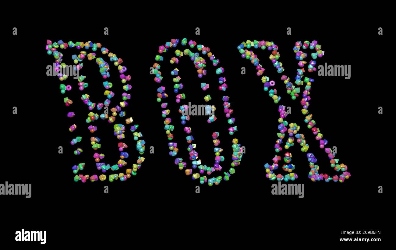 Colorful 3D writing of BOX text with small objects over a dark ...