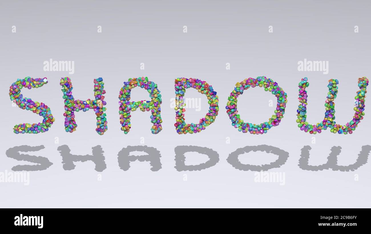shadow written in 3D illustration by colorful small objects casting ...