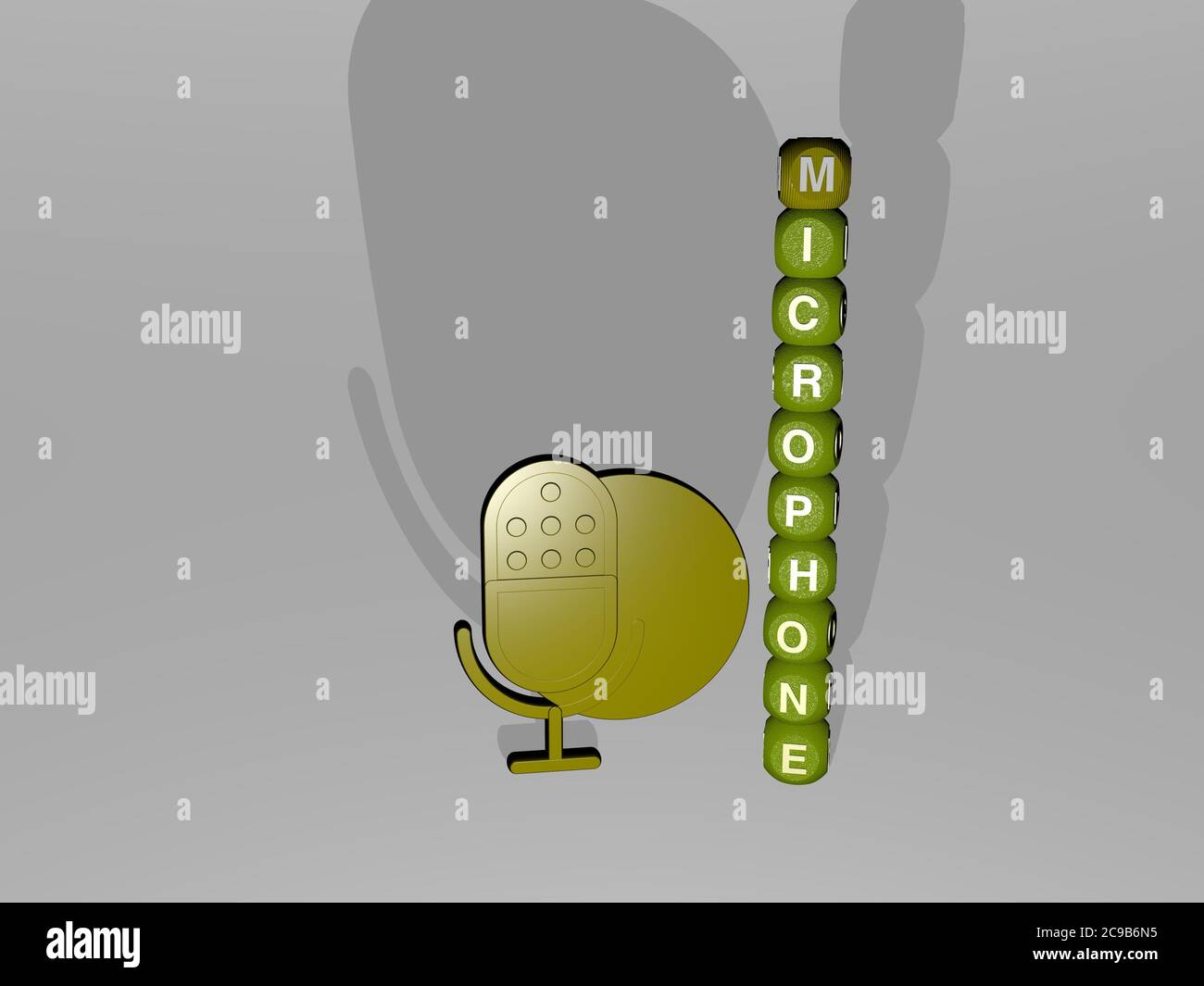 3D representation of microphone with icon on the wall and text arranged ...