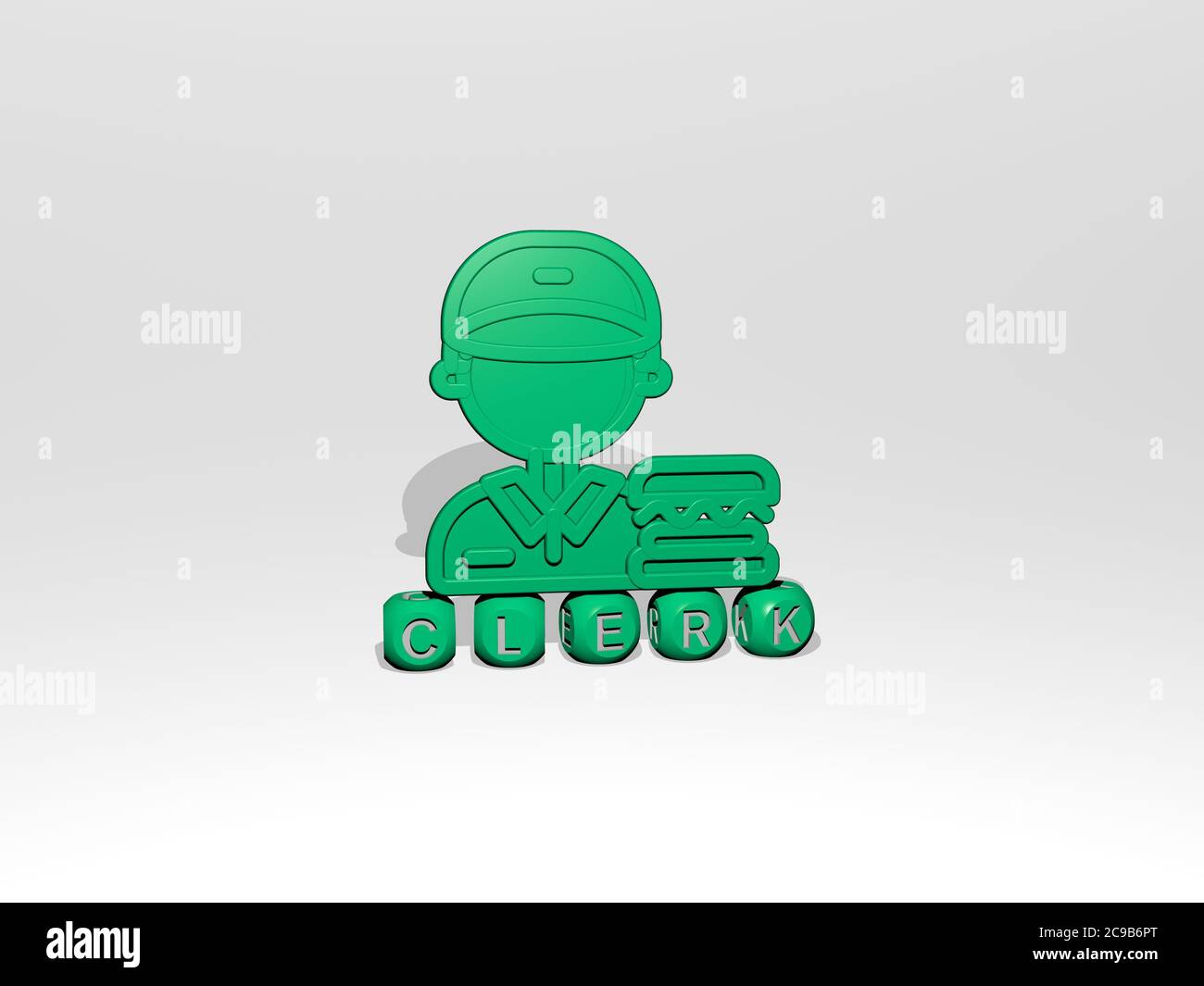 3D illustration of clerk graphics and text made by metallic dice ...