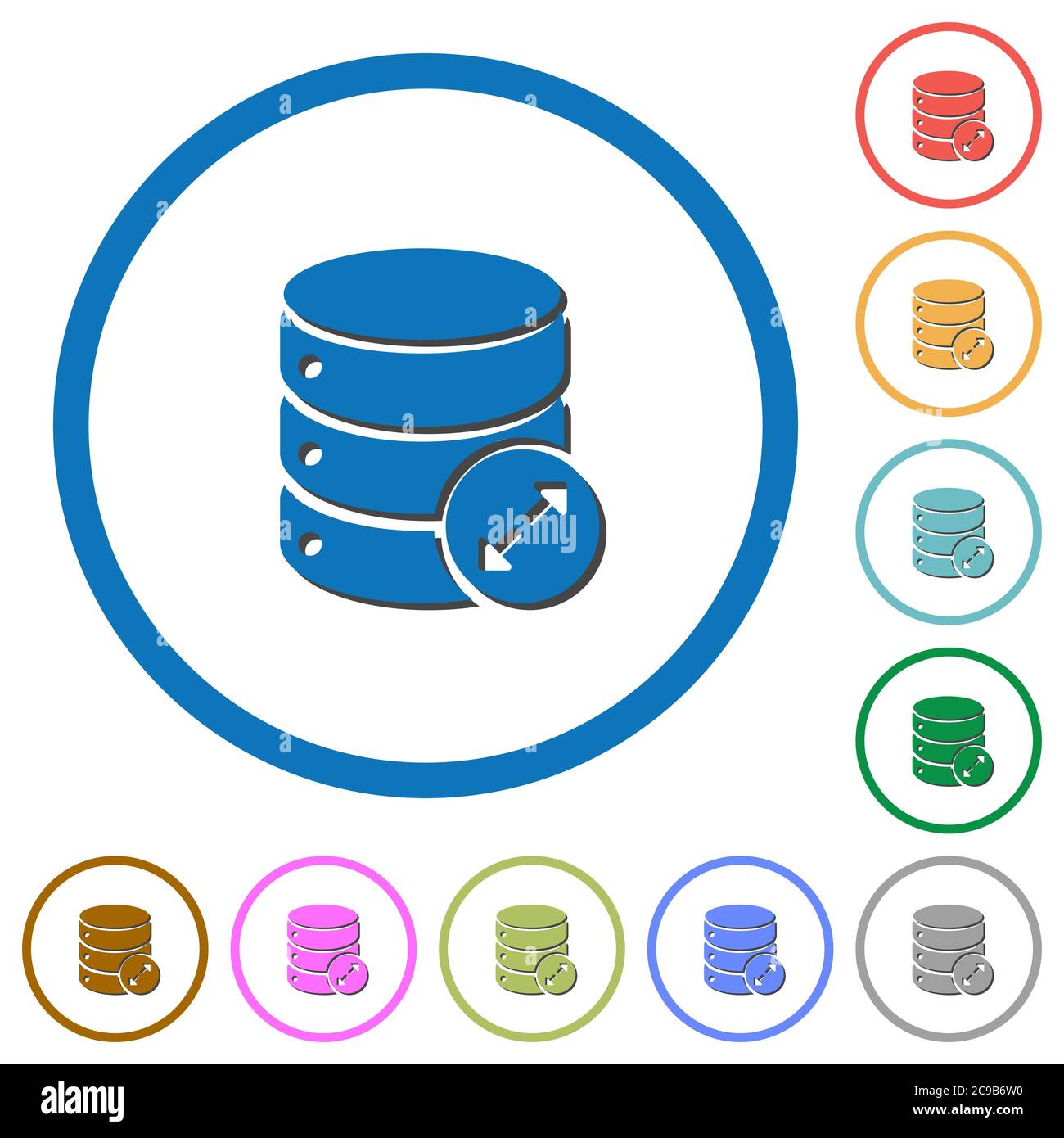 Expand database flat color vector icons with shadows in round outlines ...