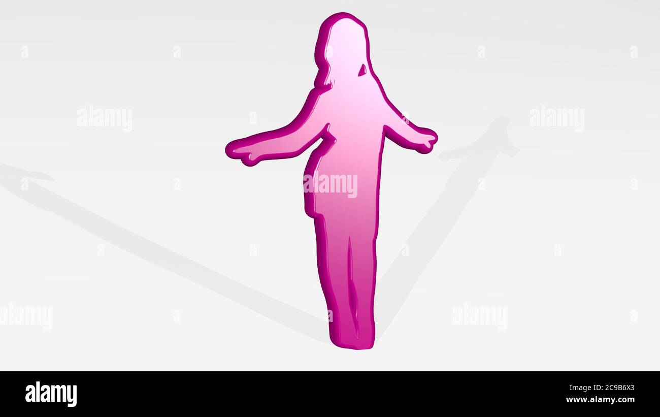 WOMAN WITH OPEN ARMS stand with shadow. 3D illustration of metallic ...