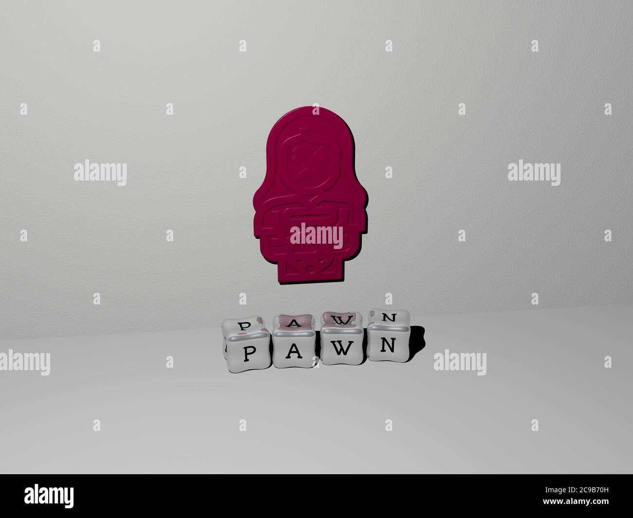 3D illustration of pawn graphics and text made by metallic dice letters ...