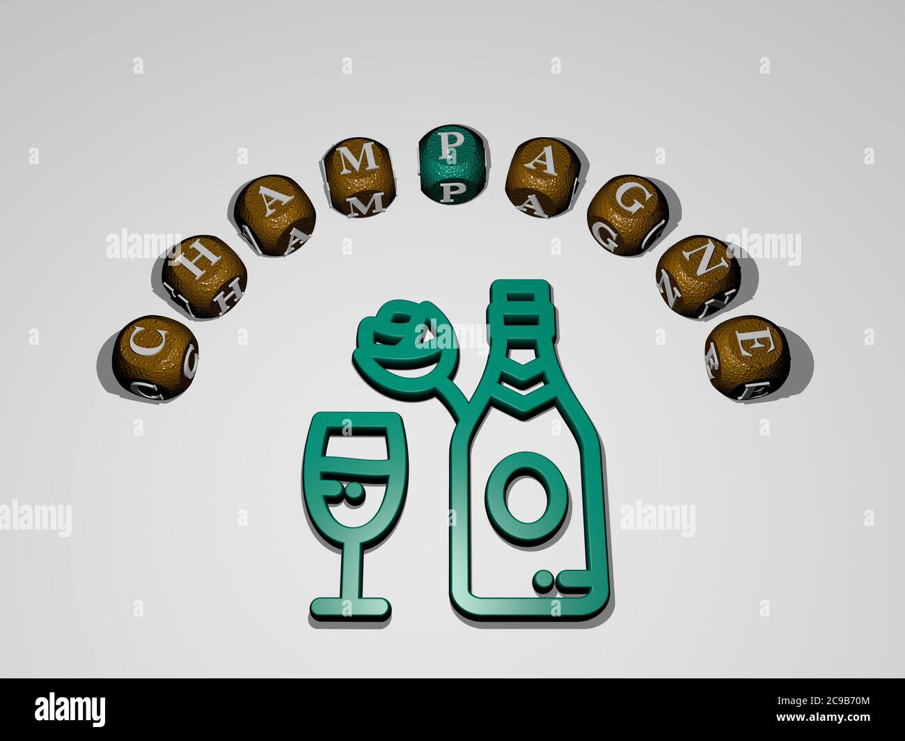 3D representation of champagne with icon on the wall and text arranged ...