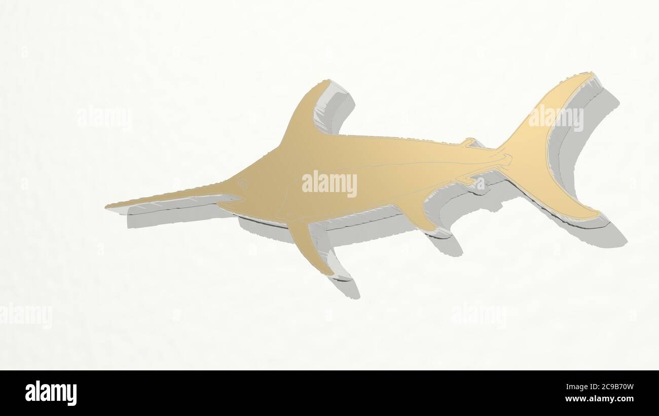 SWORDFISH from a perspective on the wall. A thick sculpture made of ...