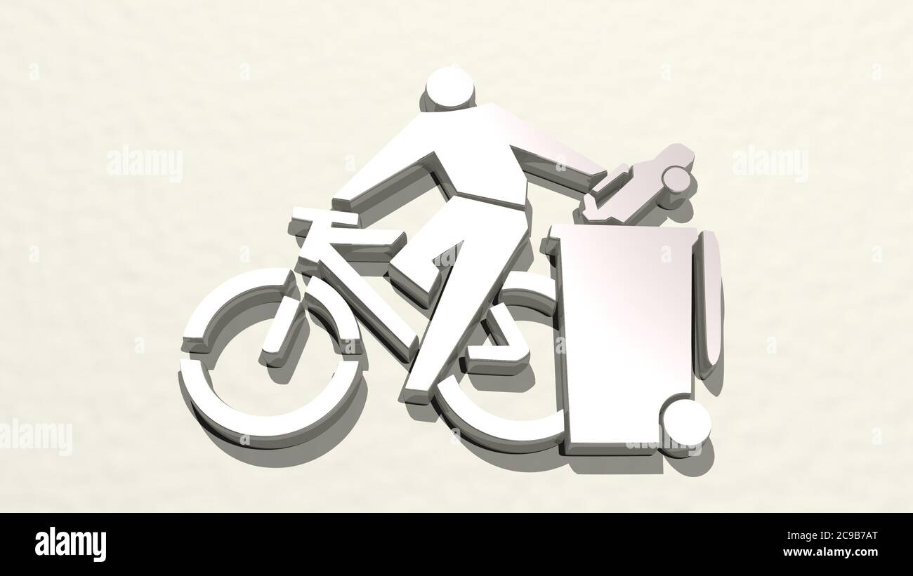 CYCLIST THROW AWAY CAR on the wall. 3D illustration of metallic ...