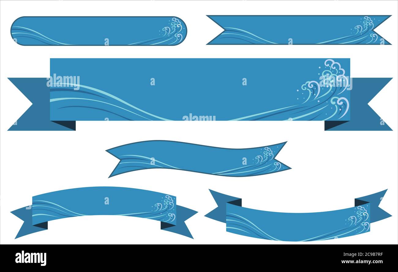 set of Japanese style blue banners decorated with wave drawn on a white ...