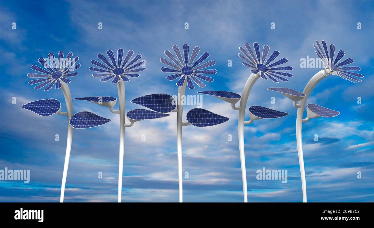 Front view of 5 blue solar panels in the shape of a flower with petals ...