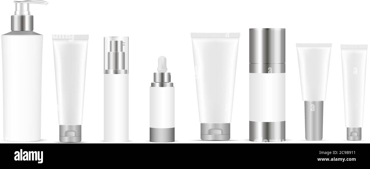 Set of white vector cosmetic bottle blank templates, plastic containers ...