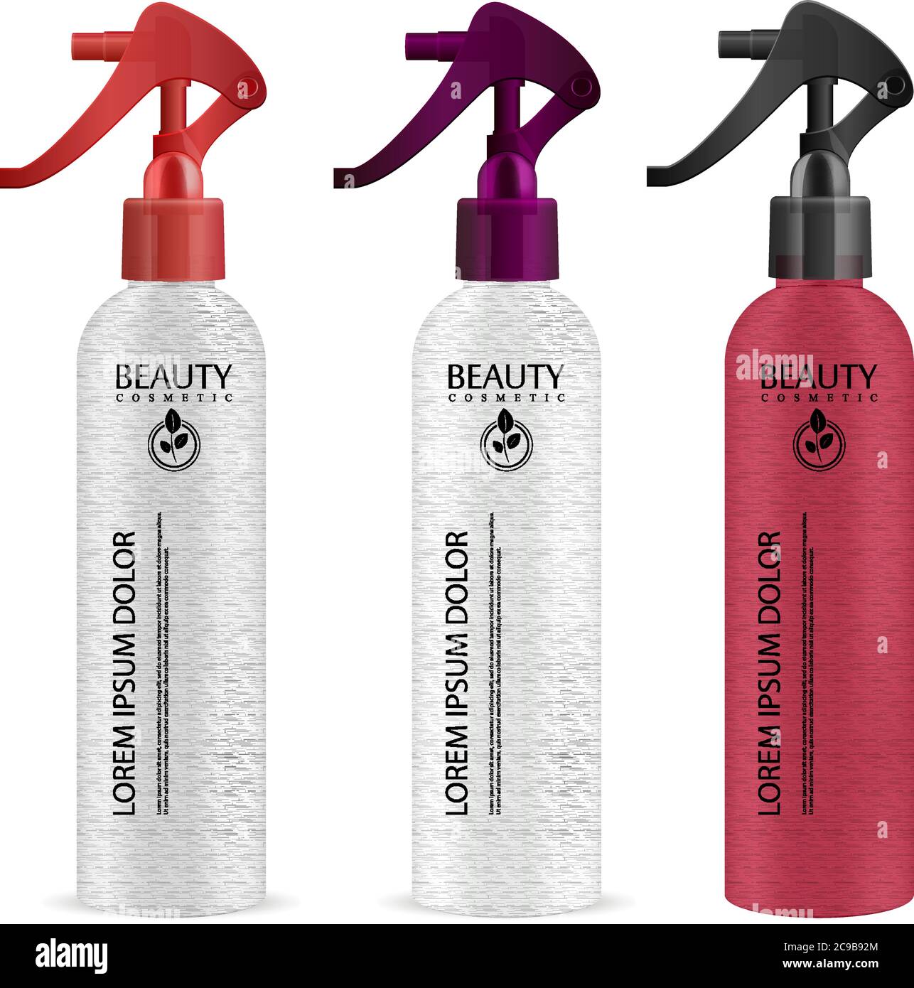Color sprayer cosmetics bottle set with dispenser spray cap. Isolated ...