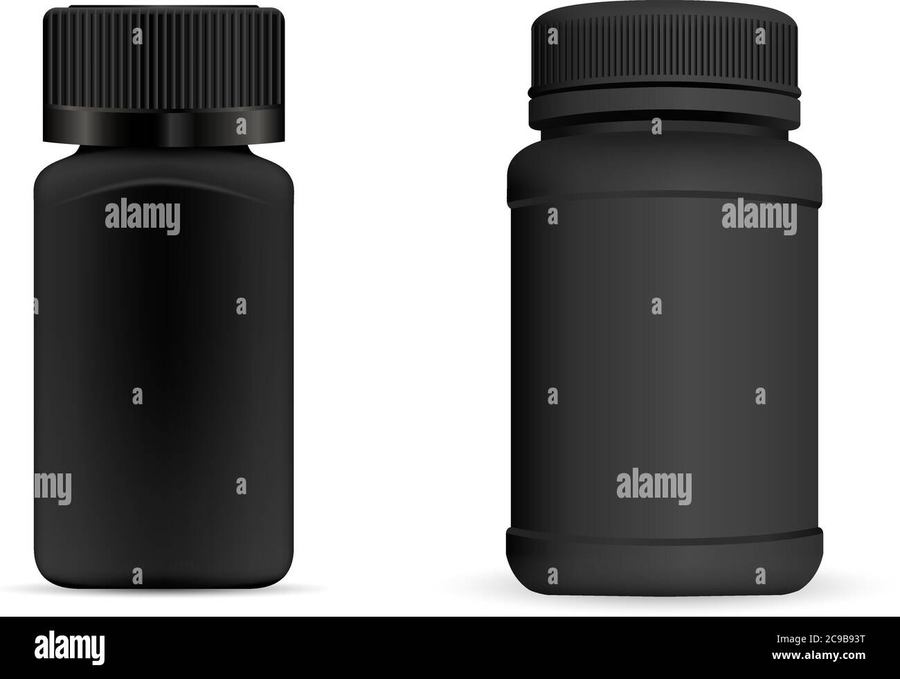 Pills bottles. Black round and square medical container for drugs, diet ...