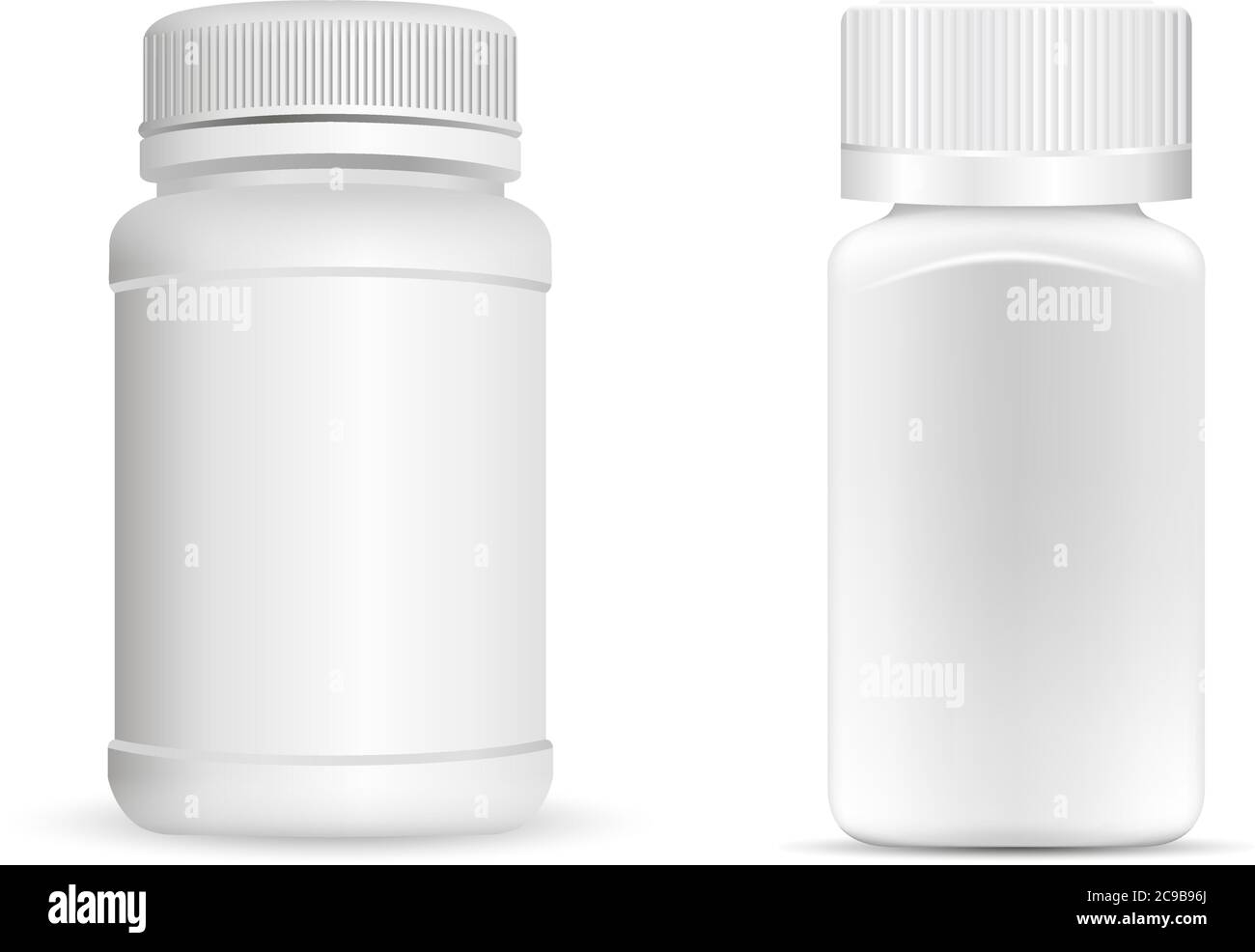 Pills bottles. White round and square medical container for drugs, diet ...