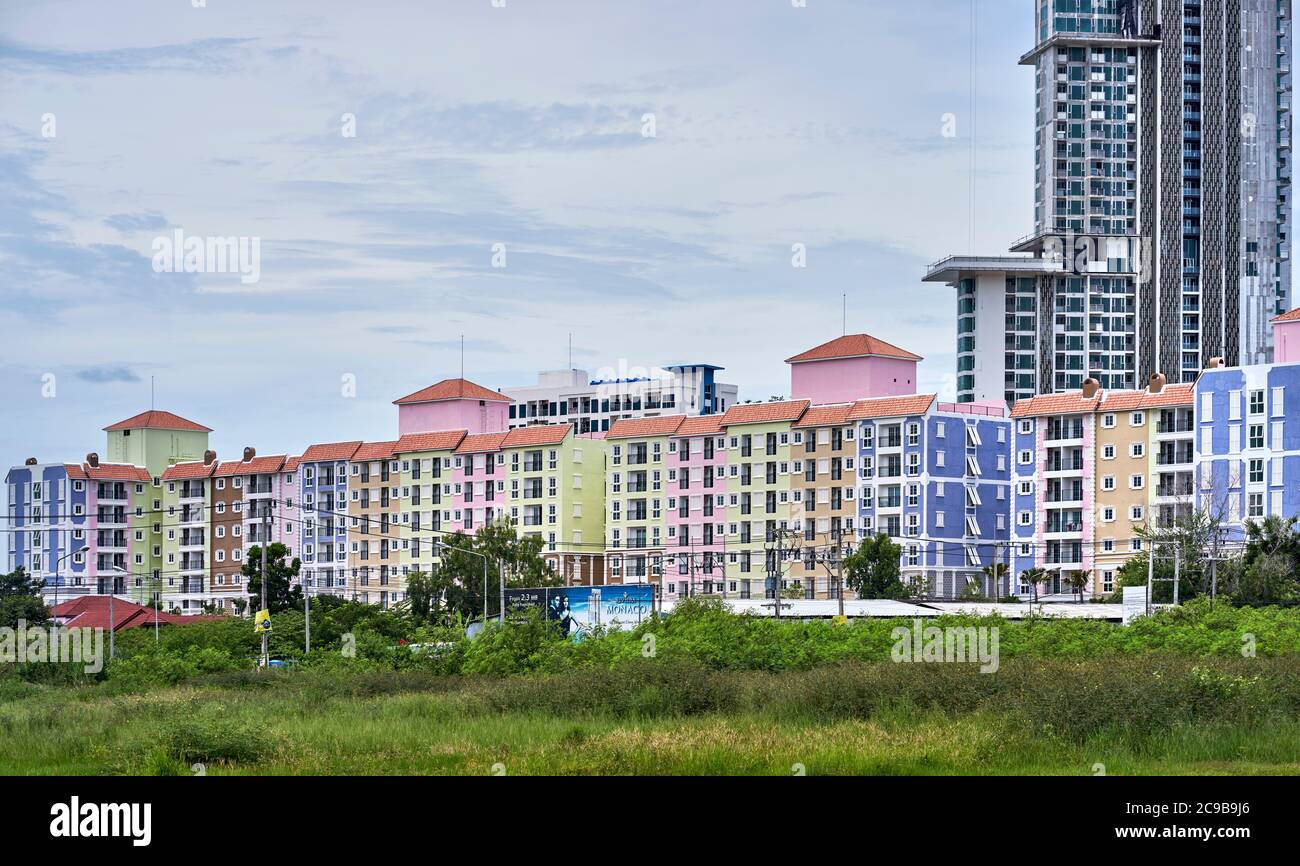 Colourful buildings, modern multi-coloured apartments buildings against ...