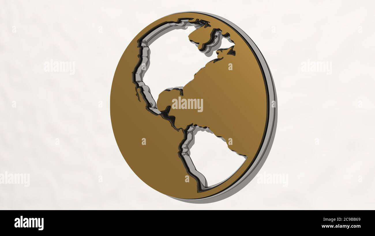 PLANET EARTH on the wall. 3D illustration of metallic sculpture over a ...