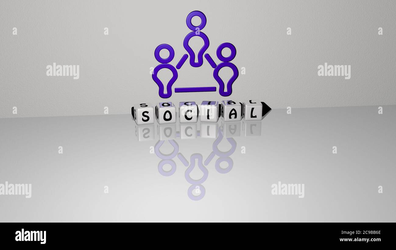 3D illustration of SOCIAL graphics and text made by metallic dice ...