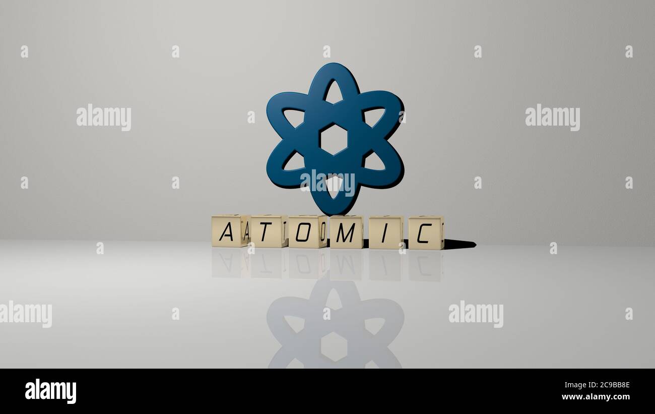 3D illustration of ATOMIC graphics and text made by metallic dice ...