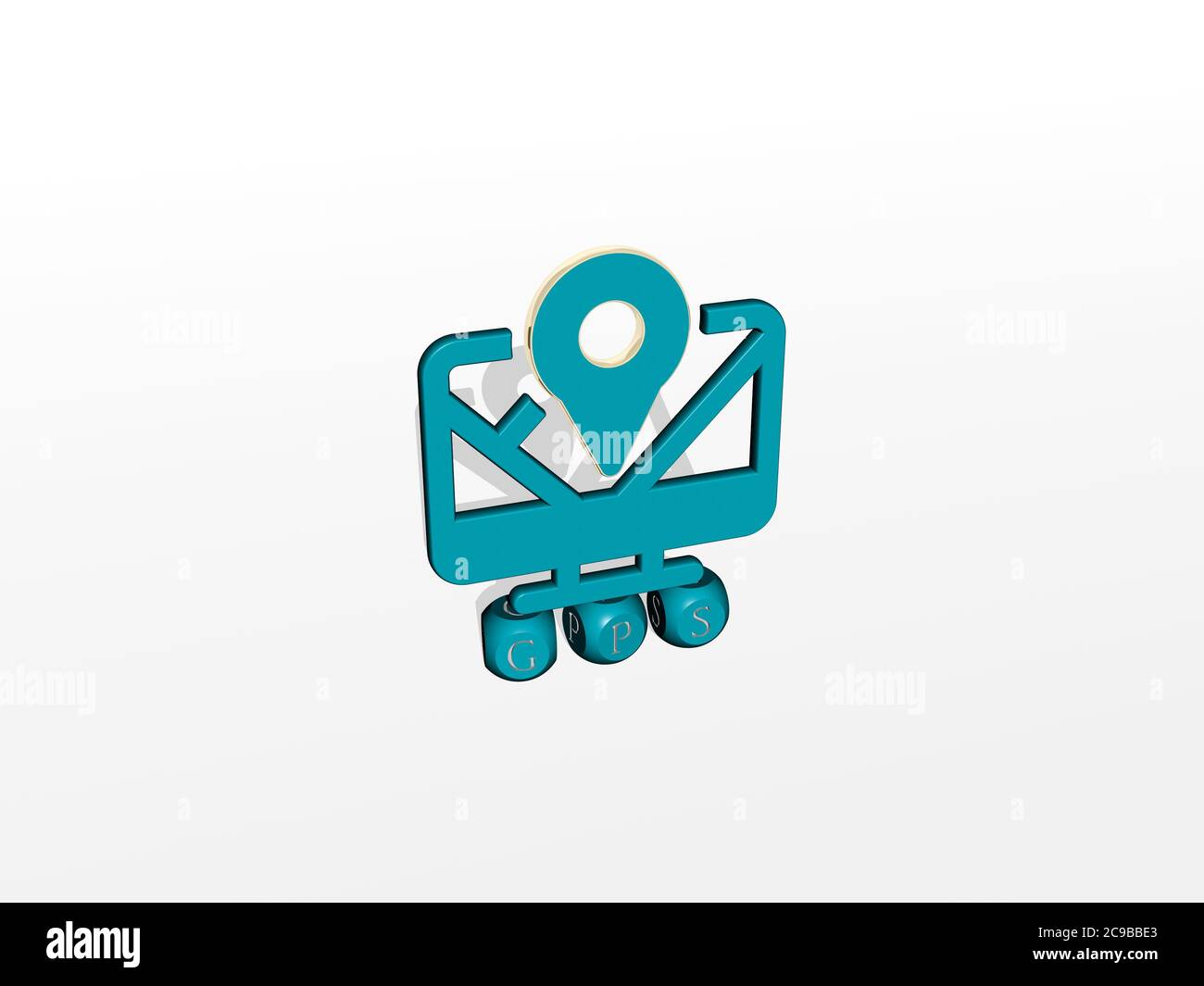 3D illustration of GPS graphics and text made by metallic dice letters ...
