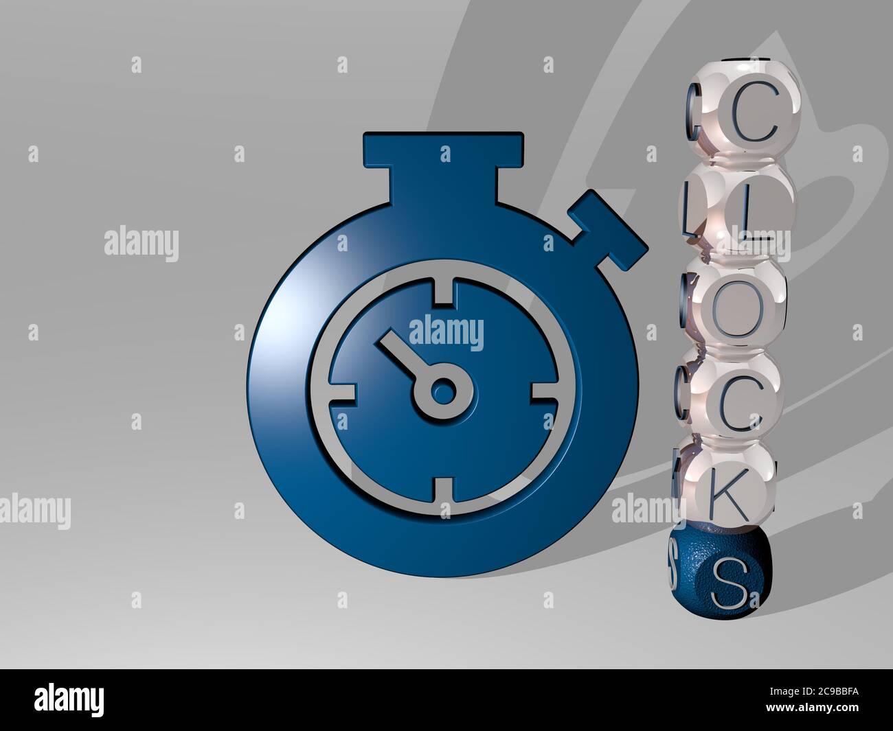 3D representation of clocks with icon on the wall and text arranged by ...