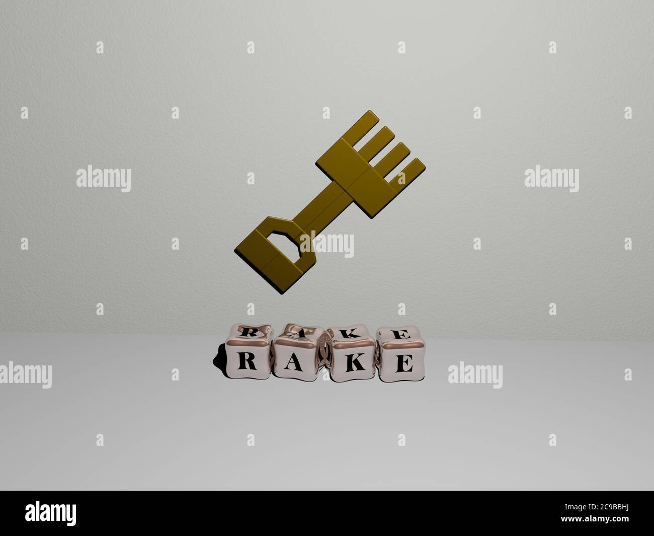 3D illustration of RAKE graphics and text made by metallic dice letters ...