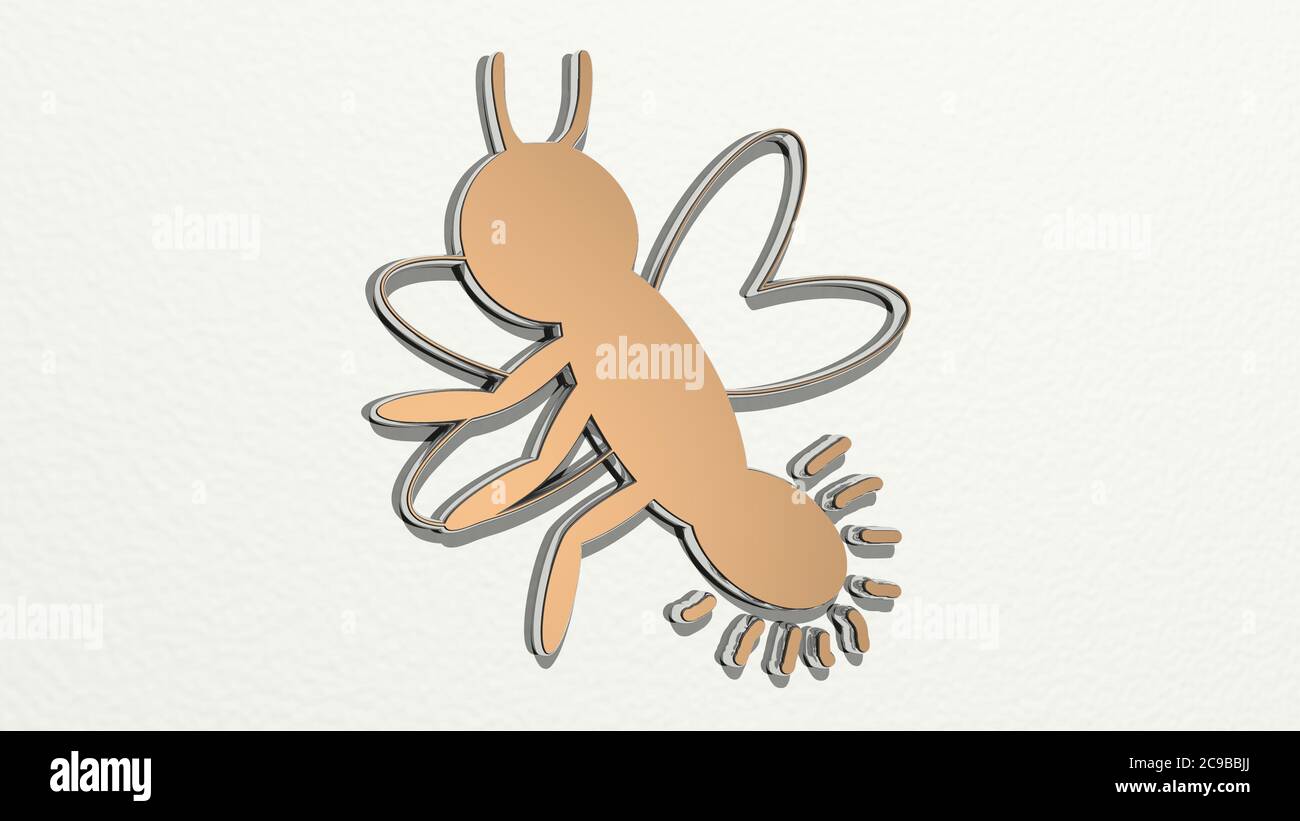 FIREFLY on the wall. 3D illustration of metallic sculpture over a white ...