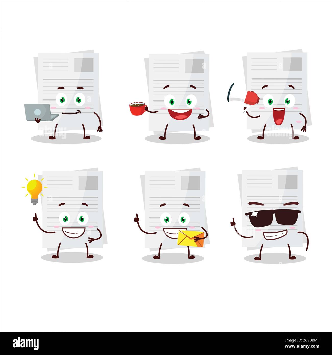 Essay paper cartoon character with various types of business emoticons ...