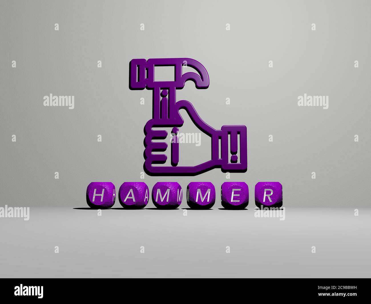 3D illustration of hammer graphics and text made by metallic dice ...