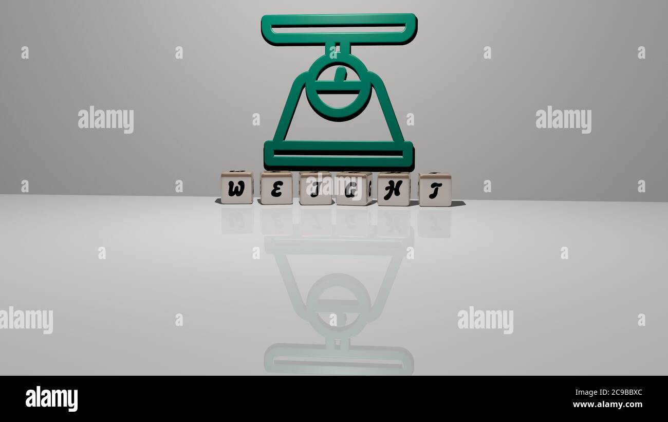 3D illustration of WEIGHT graphics and text made by metallic dice ...