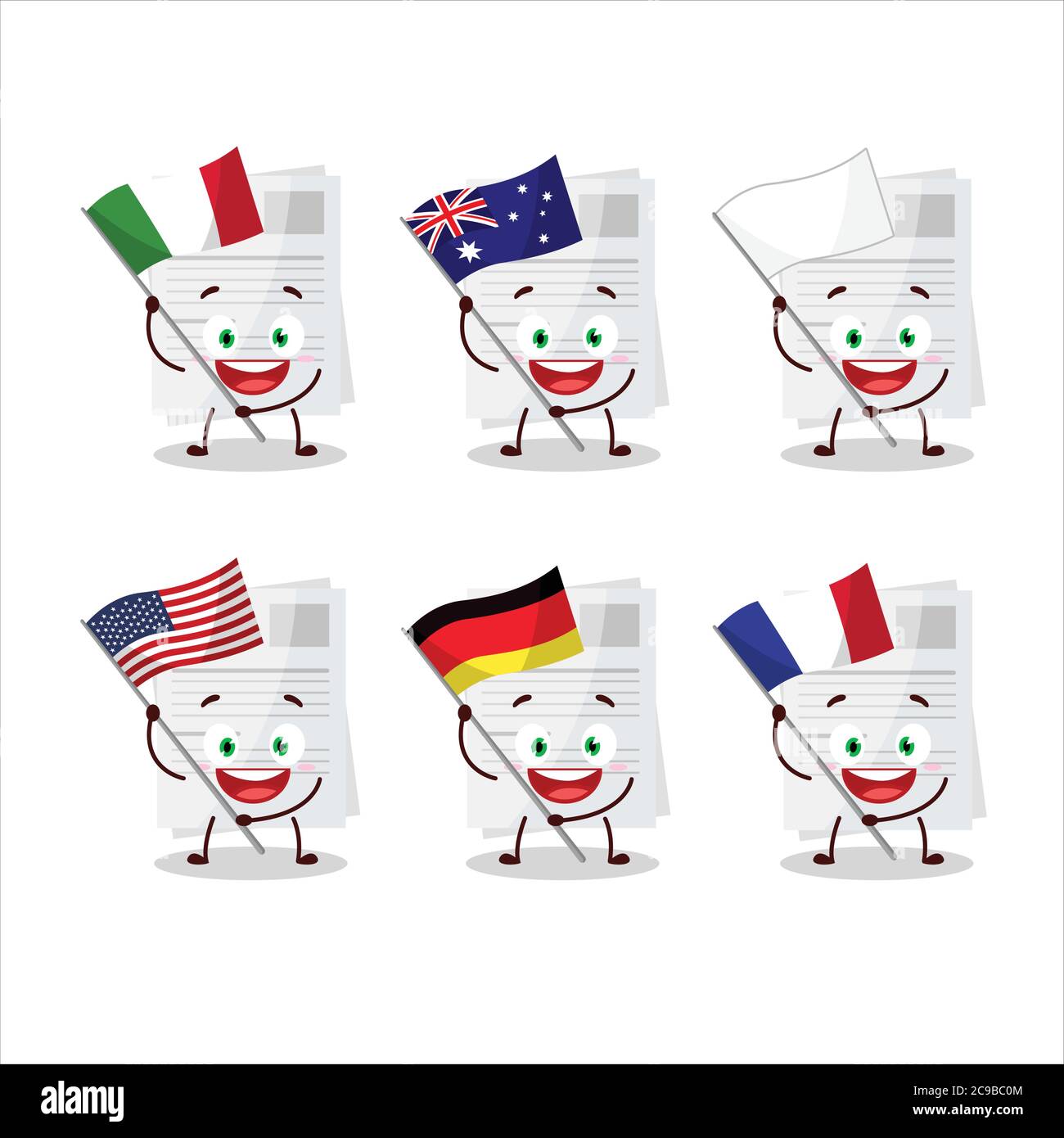 Essay paper cartoon character bring the flags of various countries ...