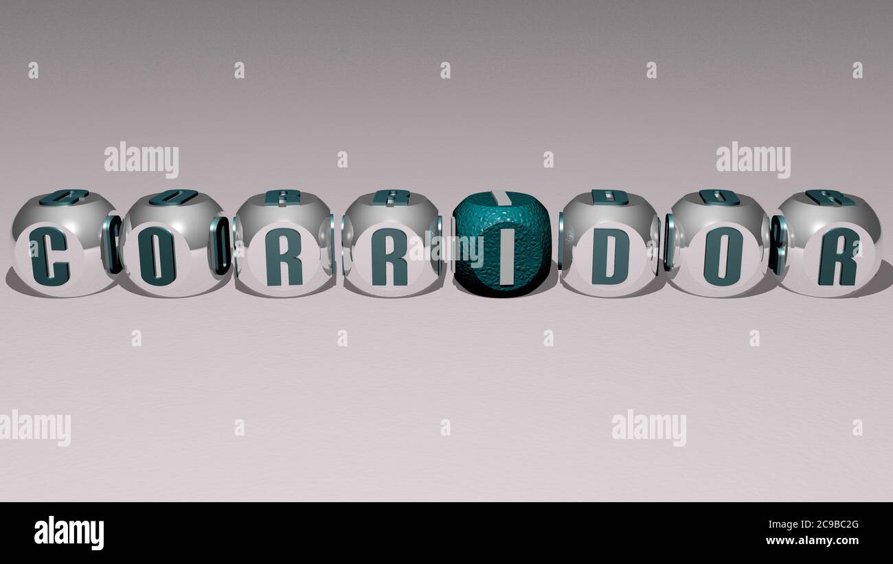 crosswords of CORRIDOR arranged by cubic letters on a mirror floor ...